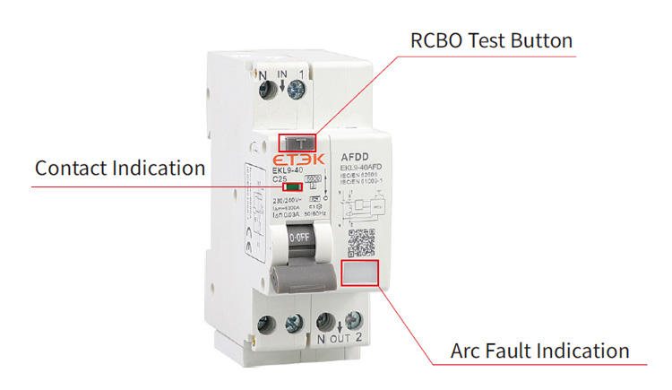 ETEK EKL9-40AFD 1P+N two module widths RCBO AFDD with Arc fault detection devices - ETEK Electric
